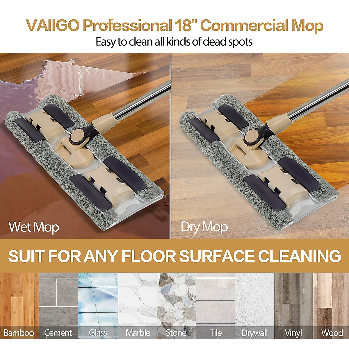 VAIIGO Professional Microfiber Mops for Hardwood Floor Cleaning, 18" Commercial Dust Flat Mops with 3 Reusable Mop Pads and Adjustable Handle, for Home, Office, Hotel Wet or Dry Floor Cleaning Mop