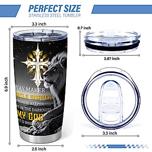 Equoza Christian Tumbler Gifts for Men, Christian Faith Tumbler Set with Straw, 20 oz Stainless Steel Travel Mug, Lion Cross Design（Pack of 1）
