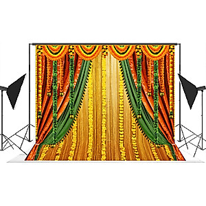 Lofaris India Pooja Backdrop Puja Ganpati Photography Traditional Banana Leaf Green Chatiya Ganesh Mehndi Festival Background Decorations Wedding Party Marigold Garlands Photo Props 7x5ft