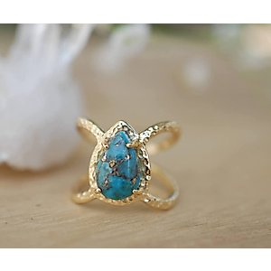 Awmnjtmgpw 18K Gold Inlaid Teardrop pear Shaped Turquoise Ring Size 6-10 (Size 8)
