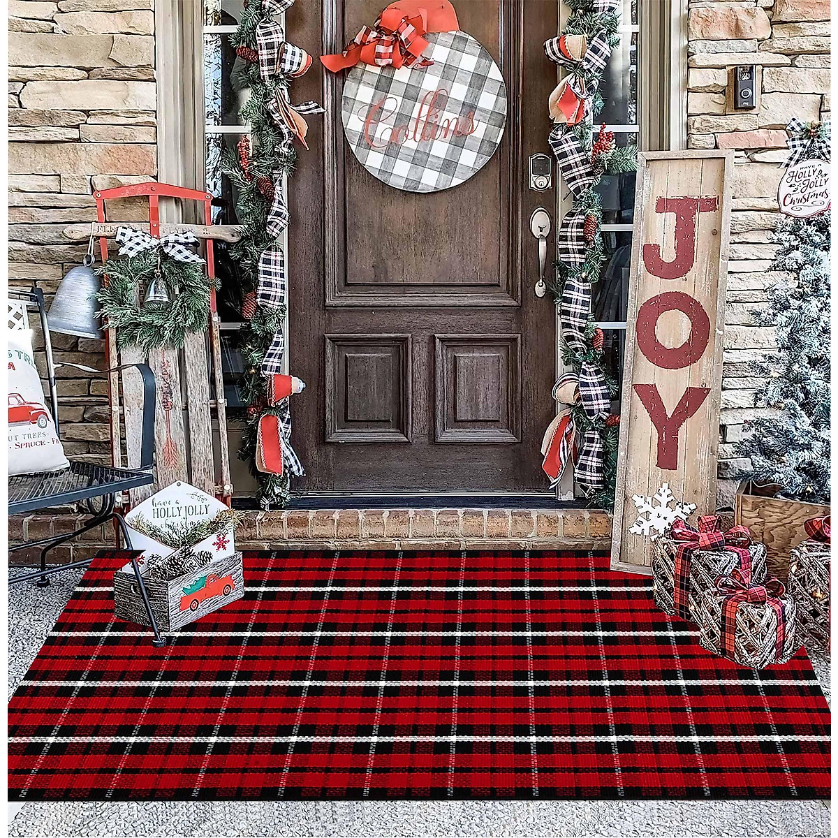 Christmas Outdoor Rugs 24 x 51''Black Red Buffalo Plaid Front Porch Rug Hand-Woven Machine Washable Indoor/Outdoor Layered Door Mats for Entryway/Bedroom/Outdoor