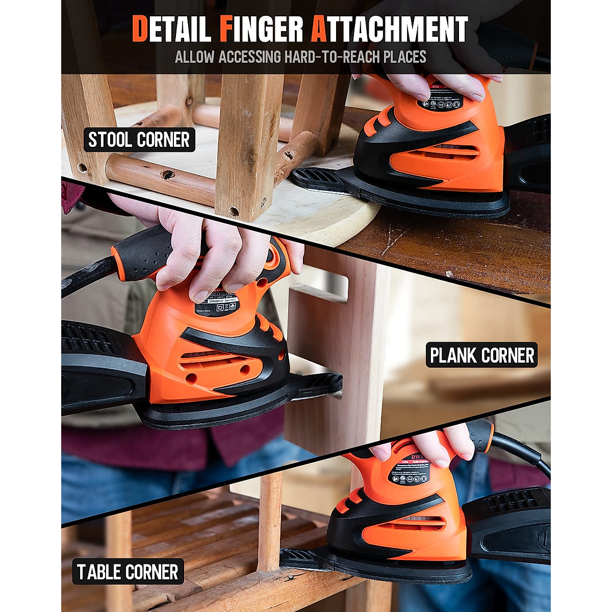 DWT Detail Sander, 1.5A 15000 OPM Electric Sander with 24pcs Sandpapers, Efficient Dust Collection System & Detail Finger Attachment, Soft Grip Handle, Compact Hand Sander for Woodworking