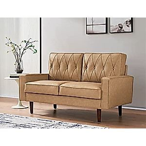 US Pride Furniture Modern Style Faux Leather 57.5’’ Wide with Round Tapered Legs Living Room Loveseat Sofas, Camel
