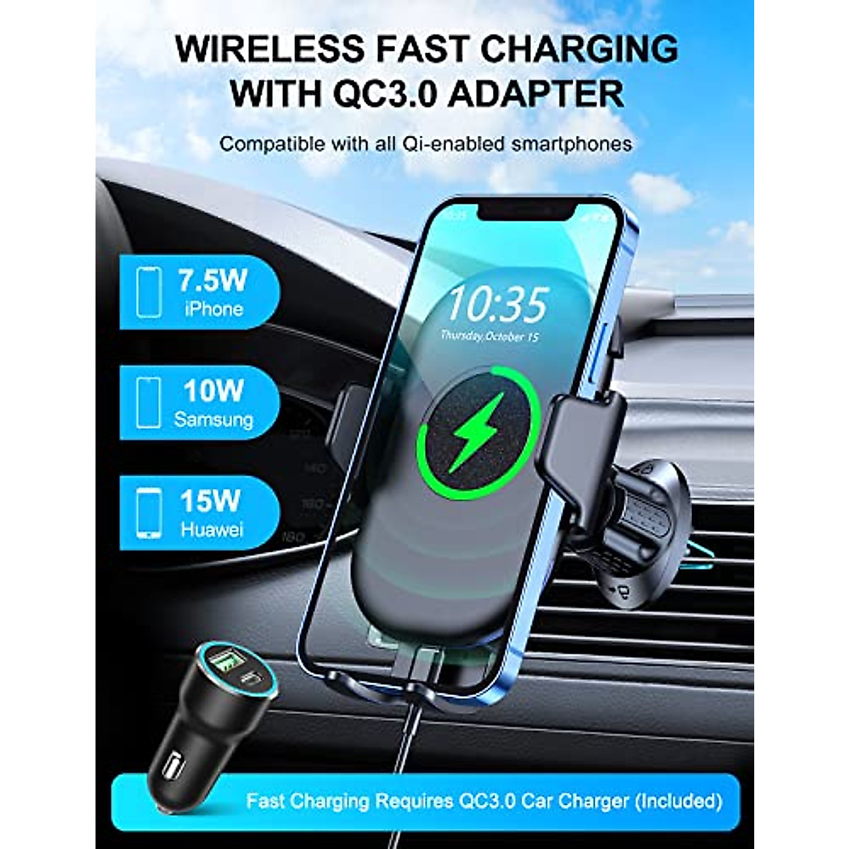 OBRFFE Wireless Car Charger Mount [QC 3.0 Car Charger Included], Max 15W Qi Fast Charging Phone Mount for Car Air Vent Compatible with iPhone 14 13 12 11 Pro Max/XR/XS/X, Galaxy Note 20/S23/S22, etc