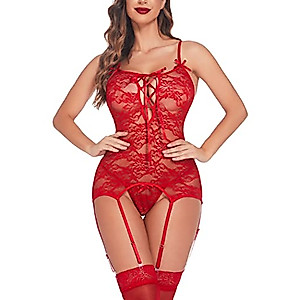 Avidlove Women Lingerie Set with Garters Belts Lace Up Bodysuit Mini Teddy Lingerie Red