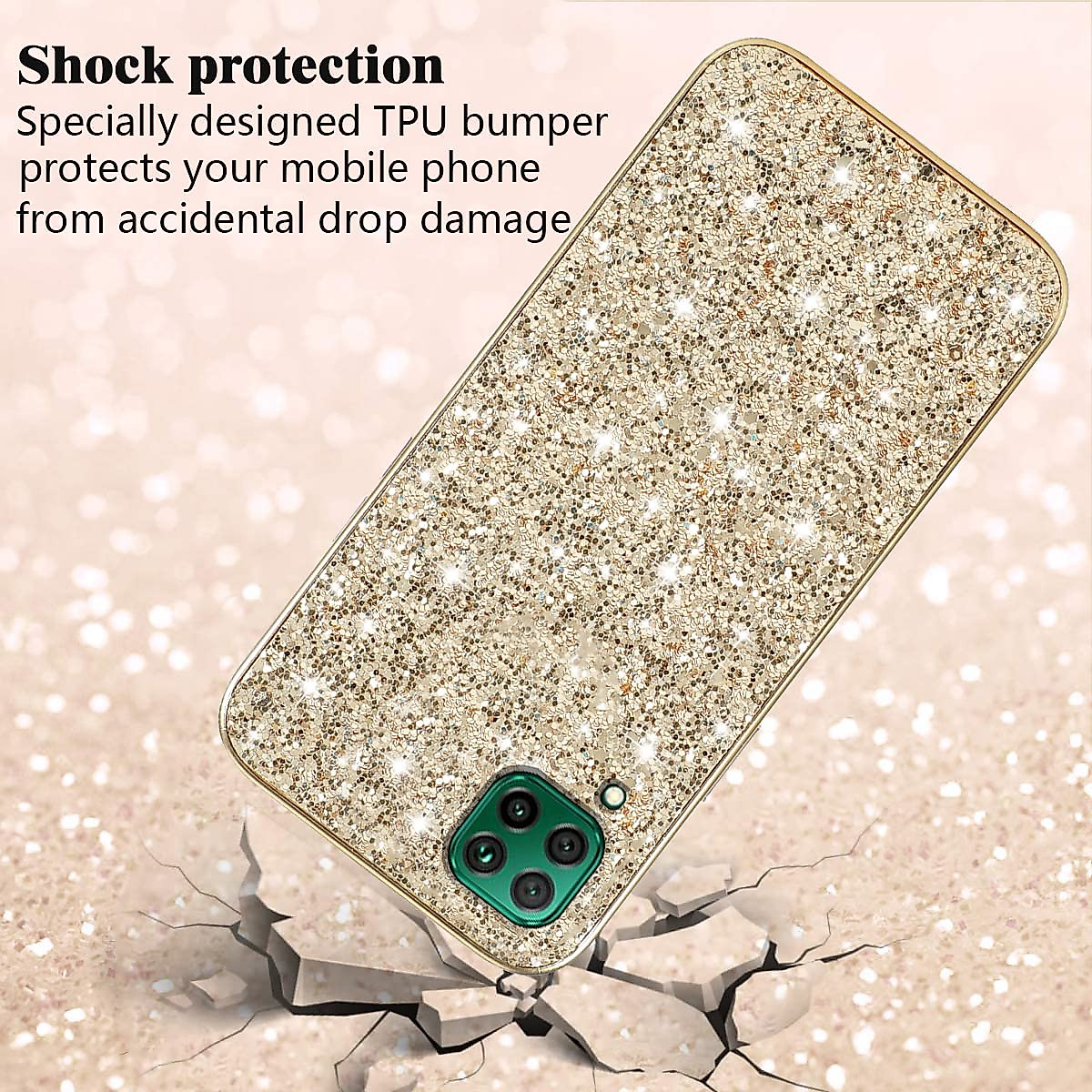 Compatible with Huawei P40 Lite Case Glitter Shockproof,Huawei P40 Lite Phone Case Bling Sparkly Soft TPU and PC Silicone Shiny Girl Women Thin Protective Cover (Gold)