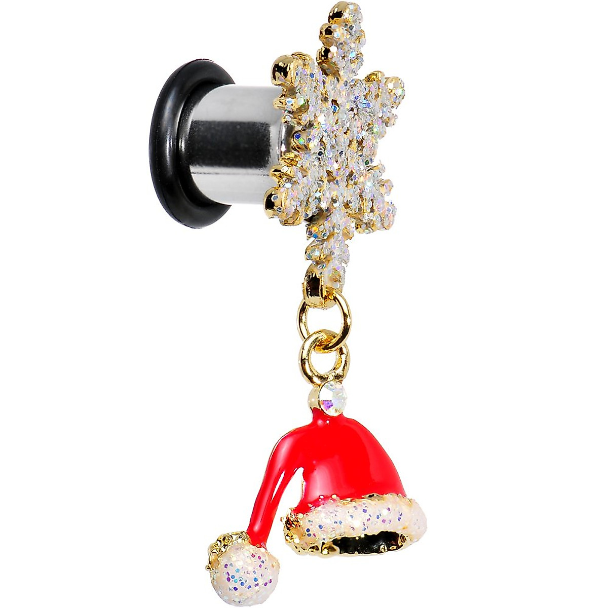 Body Candy Steel Clear Accent Snowflake Santa Hat Christmas Single Flare Dangle Ear Gauge Plug Set 0 Gauge