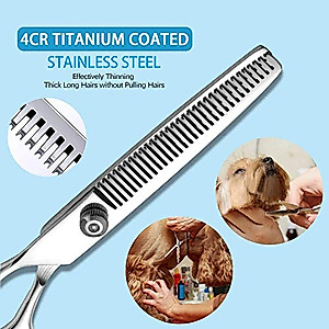 Maxshop Dog Grooming Scissors with Safety Round Tips, Heavy Duty Titanium Pet Grooming Trimmer Kit, Professional Thinning Shears, Curved Scissors with Comb for Dogs and Cats (Set of 3)