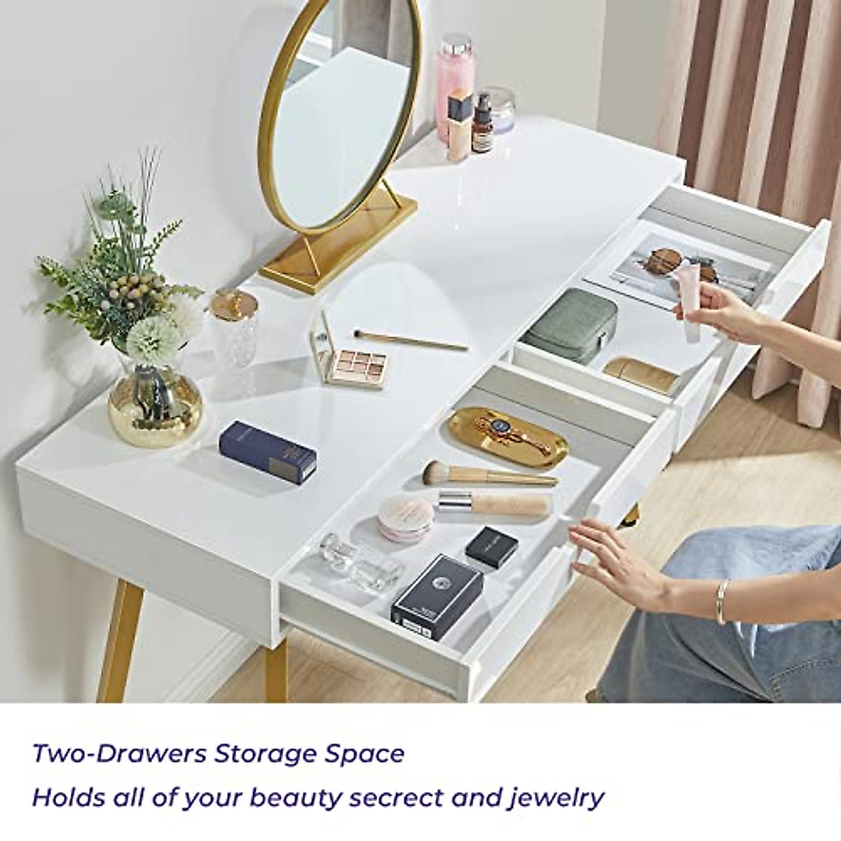 GreenForest Vanity Desk with Glossy Desktop, 39 inch Makeup Desk with 2 Drawers Dressing Table for Girls Women Bedroom Modern White Writing Computer Laptop Desk for Home Office, Gold