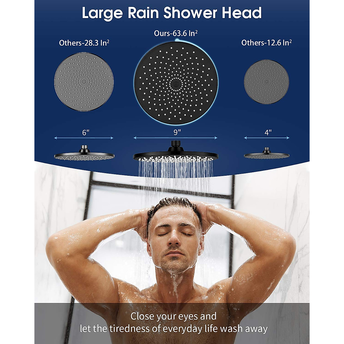 Rain Shower Head VMASSTONE 9In High Pressure Showerhead - Tool Free Installation- with Large Spray Surfaces and 200 Nozzles for Delicate and Unstimulate Shower Experience (EM-001 Matte Black/Black)