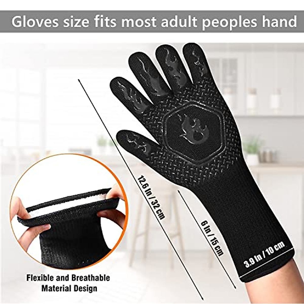 BBQ Fireproof Gloves - Grill Cut-Resistant Gloves 1472°F Extreme Heat Resistant, Silicone Non-Slip Oven Gloves for for Kitchen Garden BBQ Grilling and Outdoor Cooking Campfire
