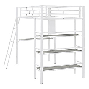 Harper & Bright Designs Metal Twin Size Loft Bed with Desk, Loft Bed Twin with 3 Layers of Shelves, Space Saving Twin Loft Bed with Desk Underneath and Whiteboard for Kids Girls,Boys,White