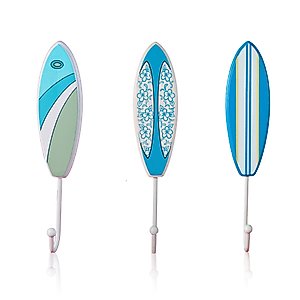 Tumbler Home Tropical Surfboard Wall Hooks – Set of 3 – Blue/Green/White Theme – 9” Tall