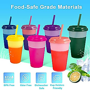 Patinao Color Changing Cups Tumblers with Lids & Straws for Kids - 7 Reusable Plastic Bulk Tumblers 12oz Cold Cup Tumbler Set for Kids