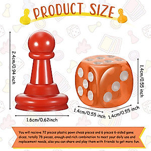 78 Pieces Multicolor Board Game Pieces Include 72 Pieces Multicolor Plastic Pawn Chess Pieces 6 Pieces Plastic 6-Sided Game Dice Chess Game Pieces Game Dice Set for Board Game Components Table Marking