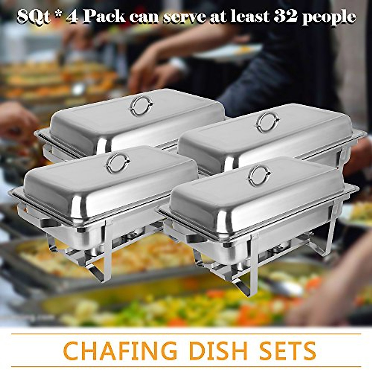 ROVSUN 8 Qt 4 Pack Full Size Stainless Steel Chafing Dishes Buffet Set, Silver Rectangular Catering Chafer Warmer Set with Trays Pan Lid Folding Frame for Kitchen Party Banquet Dining