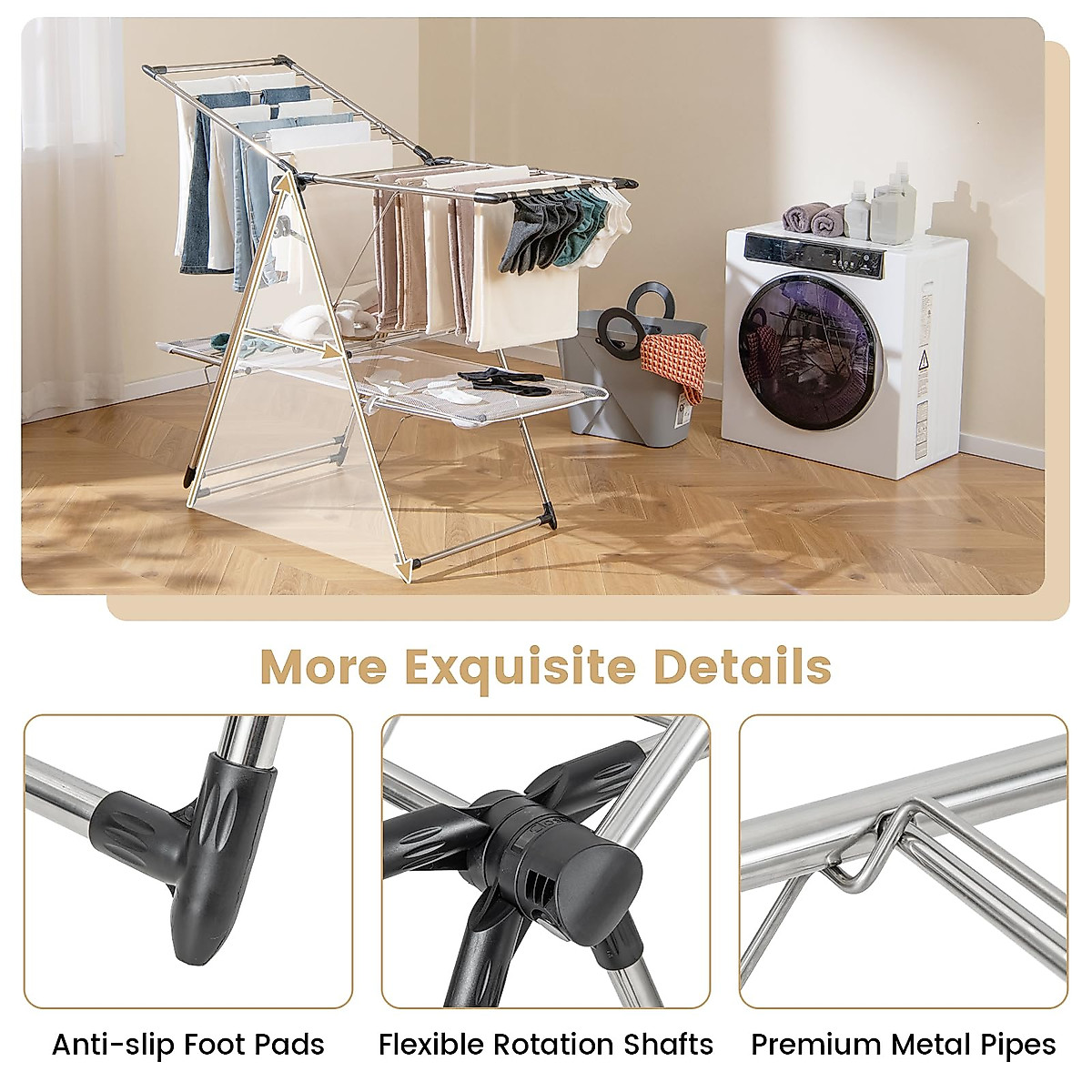 Giantex Clothes Drying Rack, Stainless Steel Foldable Laundry Drying Rack with with 6-Level Adjustable Height, High Hanger Design, Side Clips, Space Saving Collapsible Laundry Drying Rack