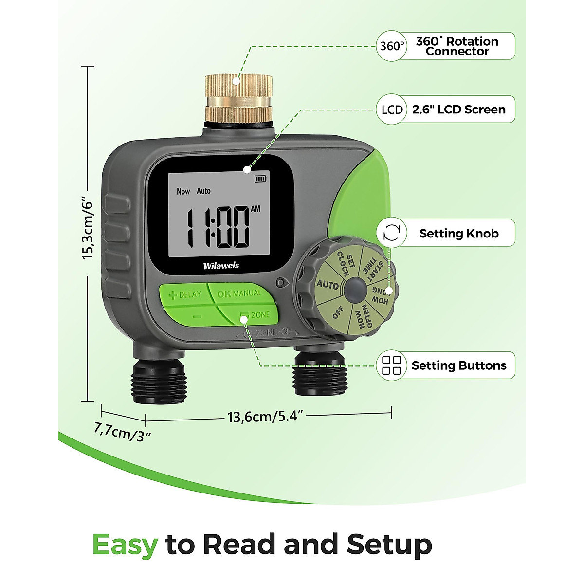 WILAWELS Brass Sprinkler Timer 2 Zone, Programmable Garden Water Timer, Automatic Irrigation Timer with Rain Delay/Manual/Auto Mode, Waterproof and Leak-Proof, for Yard, Garden, Lawn, 2 Outlet B12WT06