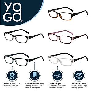 Yogo Vision Reading Glasses 5 Pairs Fashion Ladies Quality Designed Spring Hinge Readers for Women Set of Black Clear, Red Pink, Blue Light Blue, Havana Black, Transparent Black 1.25