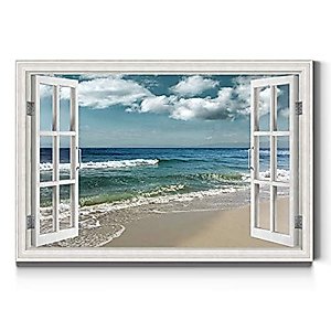 Renditions Gallery Canvas Nature Wall Art Home Paintings & Prints Artwork Cloudy Ocean Beach Sky Glam Romantic Window View Modern Decorations for Dining Room Office Kitchen - 24"x36" LT21