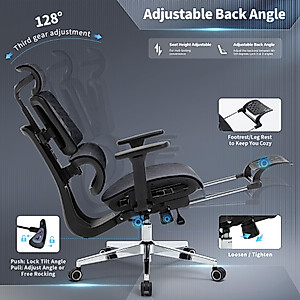 Ergonomic Dual Backrest Office Chair with Footrest- High Back Mesh Desk Computer Chair with Adjustable Seat Depth and Adaptive Lumbar Support, 4D Arms Metal Base Multifunctional Executive Swivel Chair