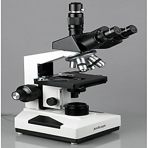 AmScope T490B-DK Compound Trinocular Microscope, WF10x and WF20x Eyepieces, 40X-2000X Magnification, Brightfield/Darkfield, Halogen Illumination, Abbe Condenser, Double-Layer Mechanical Stage, Sliding Head, High-Resolution Optics