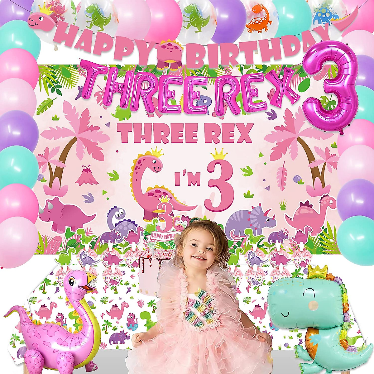 KOTLMIGHT Dinosaur Birthday Party Supplies for 3 Year Old Girl, Three Rex Pink Dinosaur Dino Party Decorations for Girls Baby - Backdrop, Banner, Toppers, Cupcakes Wrappers, Balloons and Tablecloth