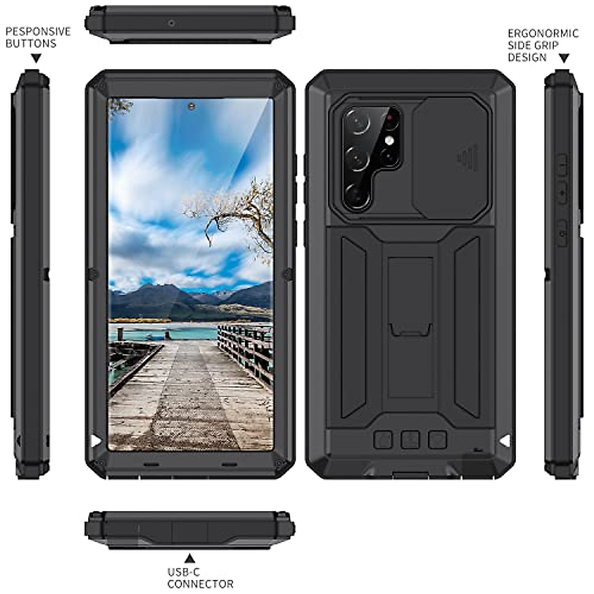 Lunivop Metal Bumper Silicone Compatible with Samsung Galaxy s22 Ultra 5G 6.8 inch Case Cameras Protection Heavy Duty Protection Doom Cover Shockproof with Built in Screen Protector Holder (Black)