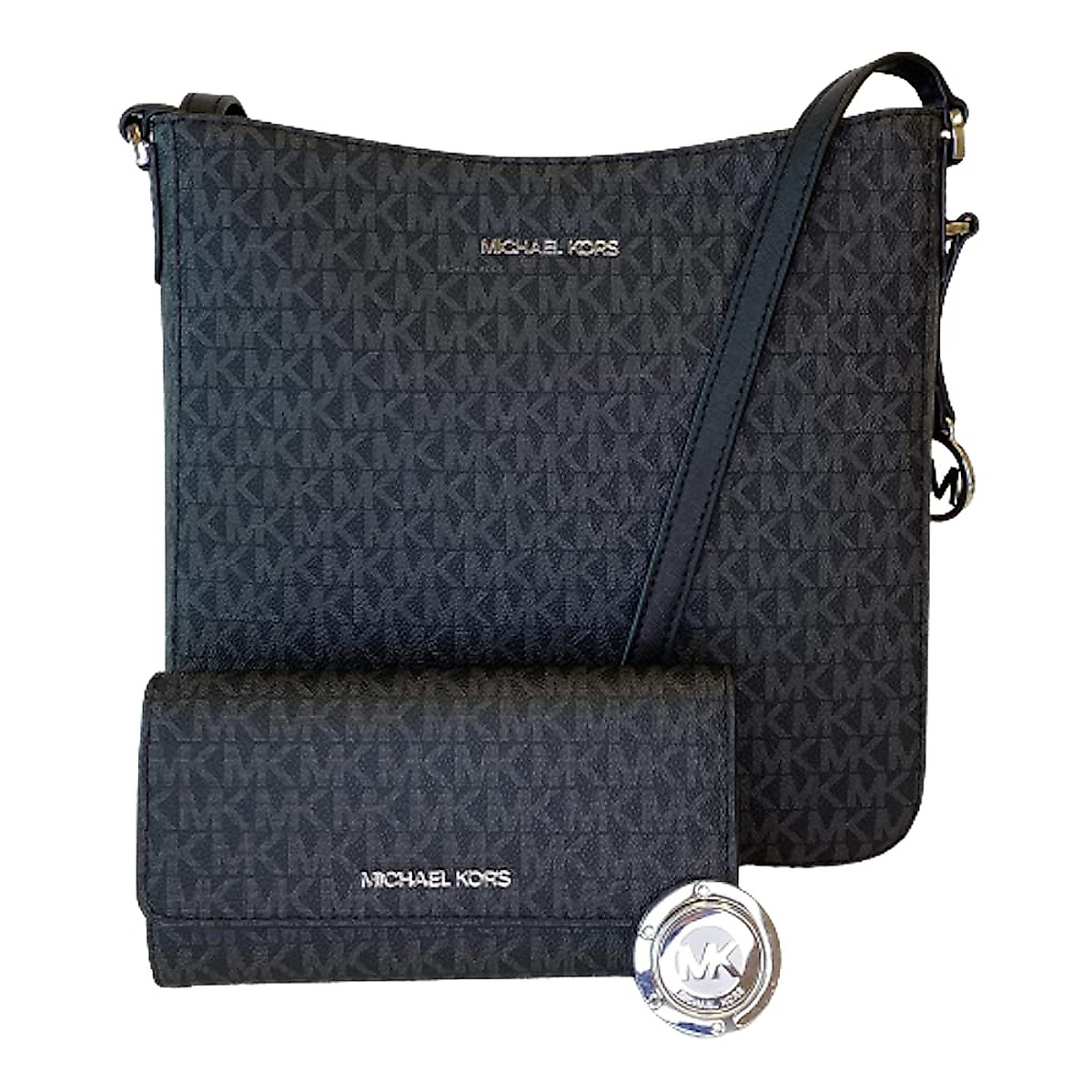 Michael Kors MICHAEL Michael Kors Jet Set Travel Large Messenger Crossbody bundle with Trifold Wallet Purse Hook (Signature MK Vanilla)