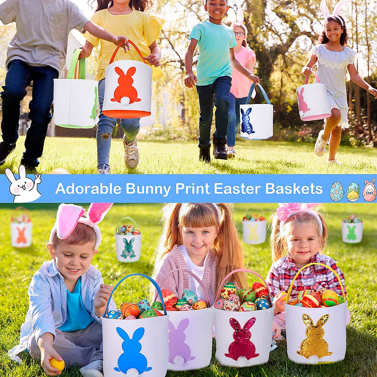 Jexine 12 Pcs Easter Bunny Basket Bags Bulk for Kids Gift Bucket Easter Eggs Hunt Basket with Handle Bunny Tote Bag Carry Bucket Rabbit Fluffy Tails Bags for Easter Party Decorations (Sequin Style)