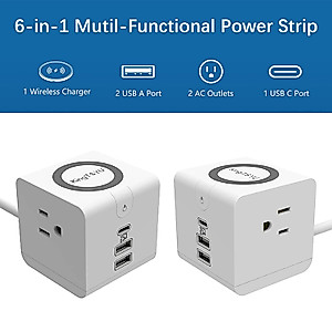 Power Strip with USB C Ports, KingTSYU Travel Surge Protector Tower Extension Cord with PD 20W/2USB A/2AC Outlets/Phone Wireless Charger,Fast Charging Power Delivery for Dorm Home Office