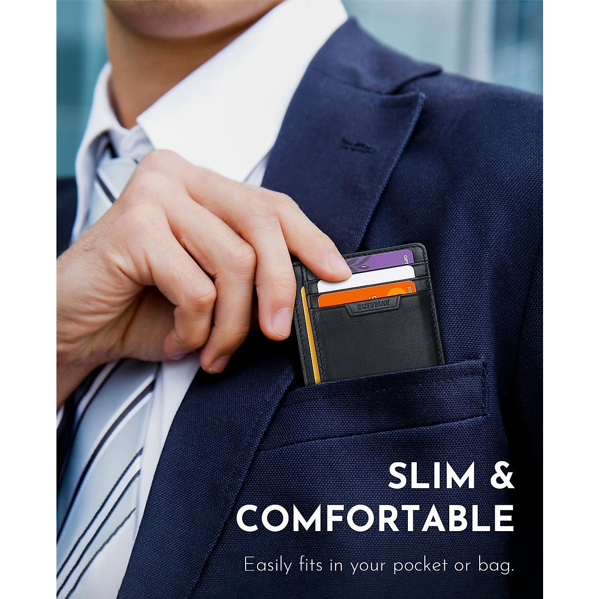 Buffway Slim Wallet for Men Women Minimalist Small Leather Front Pocket Wallets with RFID Blocking and Gifts Box - Bassa Black