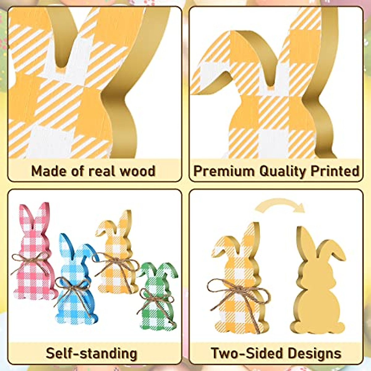4 Pcs Easter Table Wooden Signs Bunny Shaped Freestanding Centerpiece Signs Buffalo Plaid Tiered Tray Wood Easter Bunnies Reversible Double Printed Bunny Table Decor with Jute Rope for Easter Party