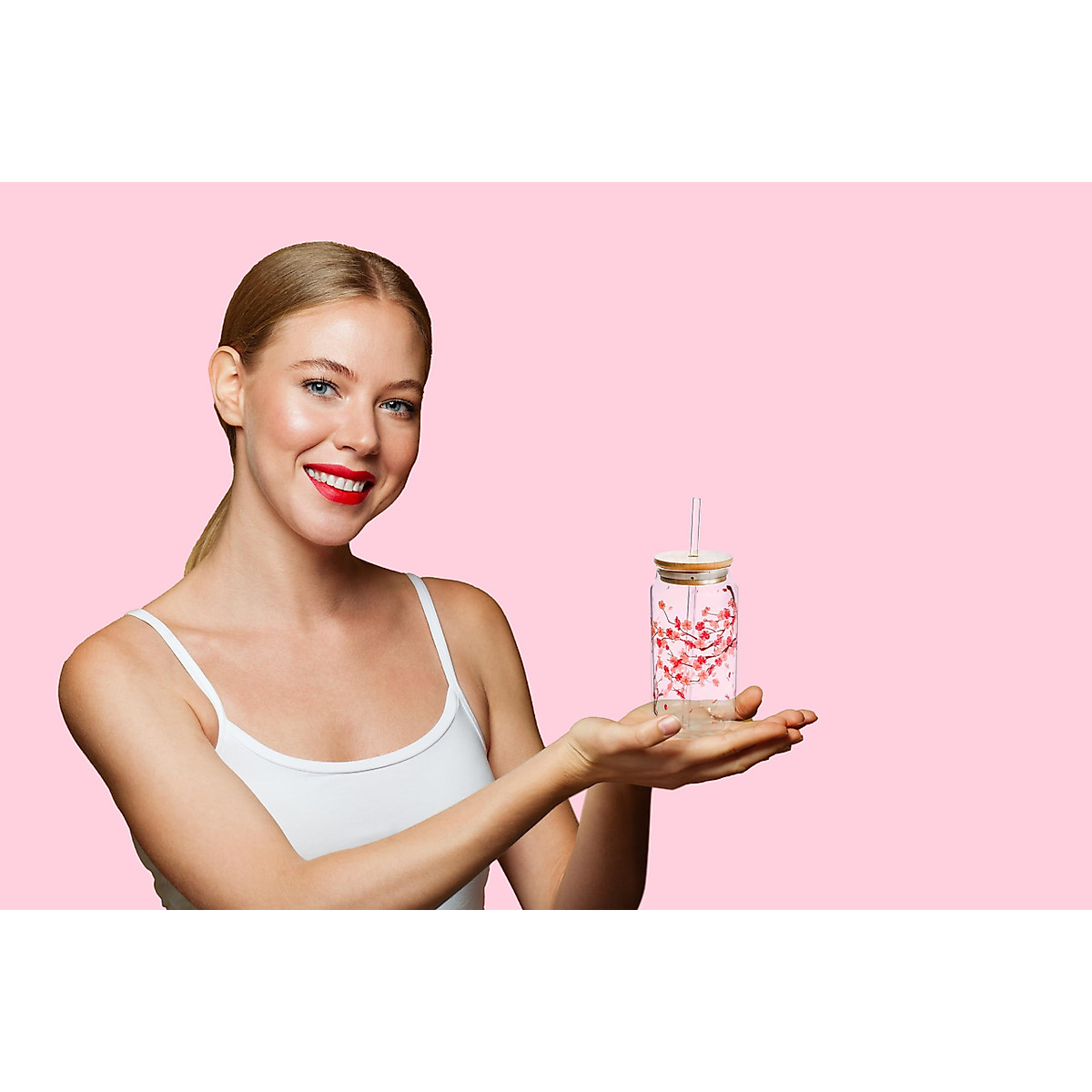 Aesthetic Cherry Blossom Glass Cup with Lid and Straw - Cute Coffee, Latte, Matcha Tumbler 16 oz - Floral Iced Coffee Cup - Preppy Birthday Gift for Women, Best Friends, Mom, Bridesmaid, Coffee Lover