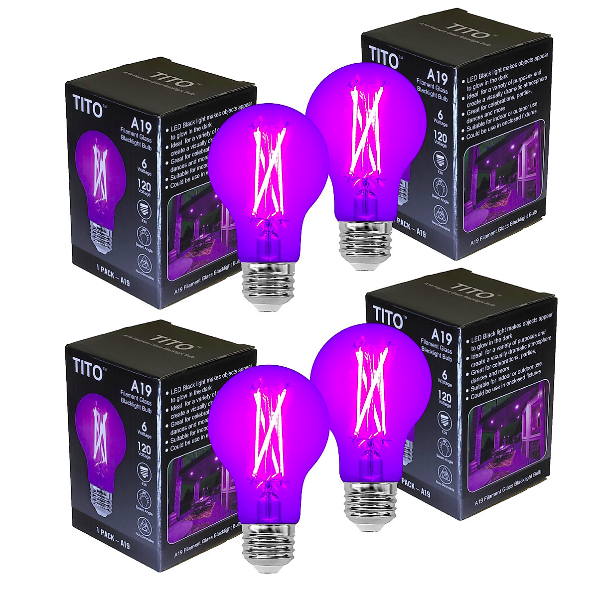 TITO 4 Pack E26 A19 Filament LED Black Light Bulbs, UVA 395nm 6W Blacklight Bulb 100W Equivalent, Black Light Bulb Glow in Dark Halloween Christmas Party Fluorescent Tapestry Poster Decor Body Paint