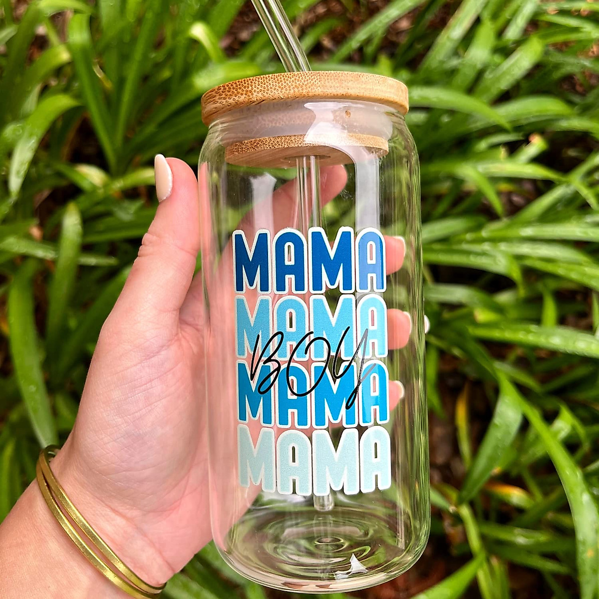 16 oz borosilicate Glass Jar with Bamboo Lid & Straw (Boy Mama)