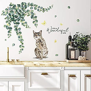 Yovkky Cat Wall Decals Stickers, Eucalyptus Leaves Kitty Kitten Greenery Neutral Nursery Decor, It's a Wonderful Life Quote Spring Kids Room Home Decorations Bedroom Art