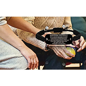 Dementia Identification Bracelet - Free Dark Laser Engraving Custom Personalized Handmade Black Matte Onyx Bracelet for Men Women (Black Braided String)…