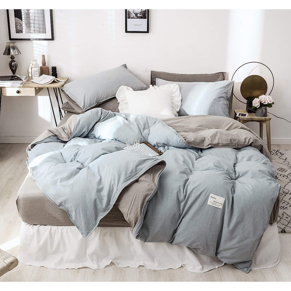 MOON'S SLEEPWARES / Herse Series / [ Sky Blue and Brown, California King Size ] [ 100% Cotton 200 Thread Count ] Duvet Cover Set (Duvet Cover with Two Pillow Cases) SJTDS240x275SB