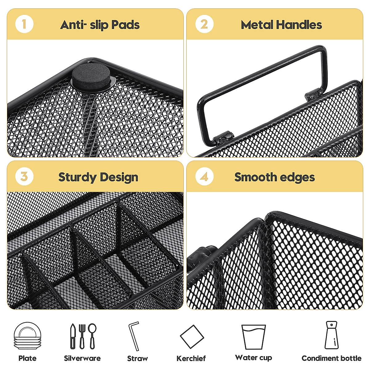 Remittur Paper Plate Dispenser with Handle, Metal Paper Plate Holders for Kitchen Counter, Utensil Holder Organizer with 6 Compartments, Silverware Holder Caddy for Cup Fork Spoon Napkin Party Camping