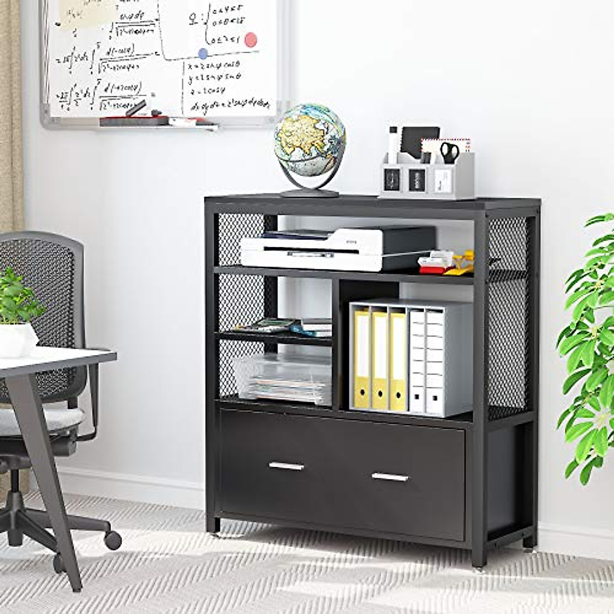Tribesigns Wood Lateral File Cabinet with Drawer for Letter Size, Large Modern Filing Cabinet Printer Stand with Metal Wire Open Storage Shelves for Home Office (Black)