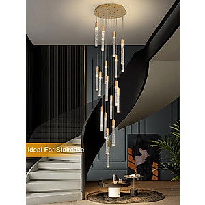 12 Lights 118" Modern High Ceiling Chandelier Crystal Gold Light Fixtures Dimmable Long Hanging Pendant Lighting Fixtures for Staircase Living Room Foyer Hallway Flush Mount Ceiling Light Polished