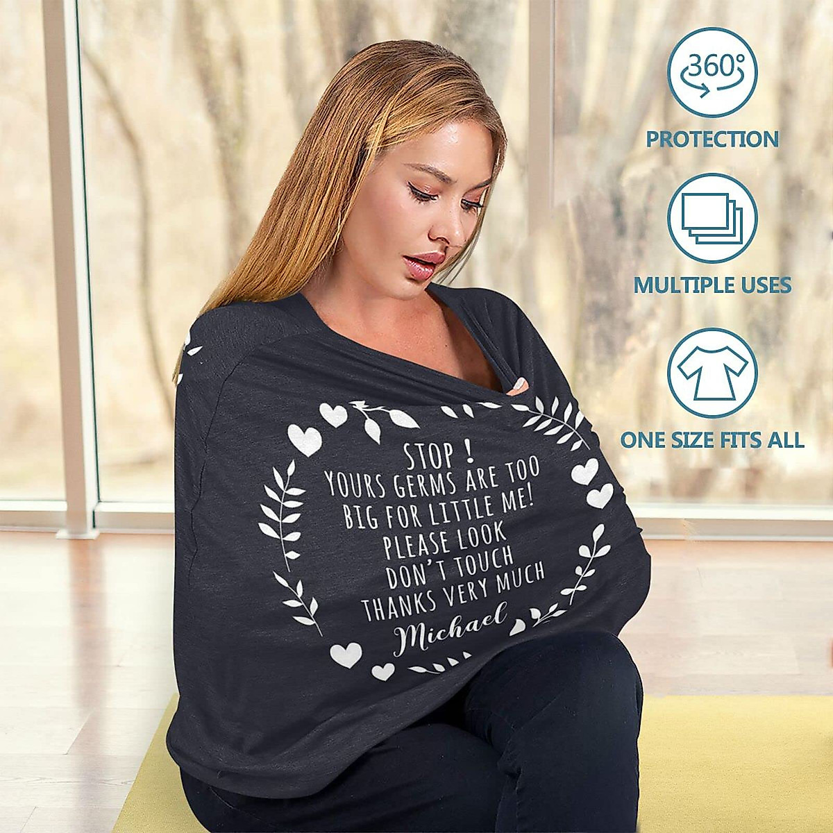 Personalized 'No Touching' Baby Car Seat Covers for Babies, Custom Nursing Breastfeeding Car seat Canopy with Name, Infant Stroller Covers for Newborn Girls Boys, Ultra-Soft Breathable, Carseat Cover