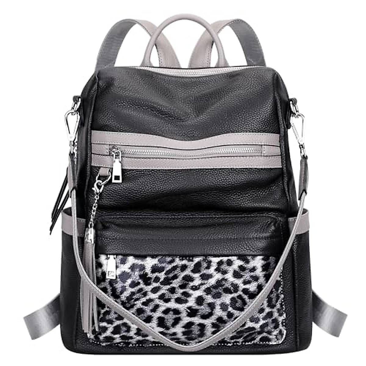 ALTOSY Genuine Leather Backpack Purse for Women Convertible Shoulder bag Soft Crossdody Bag Large Elegant Casual Daypacks(S108 Black/Grey/Silver Leopard)