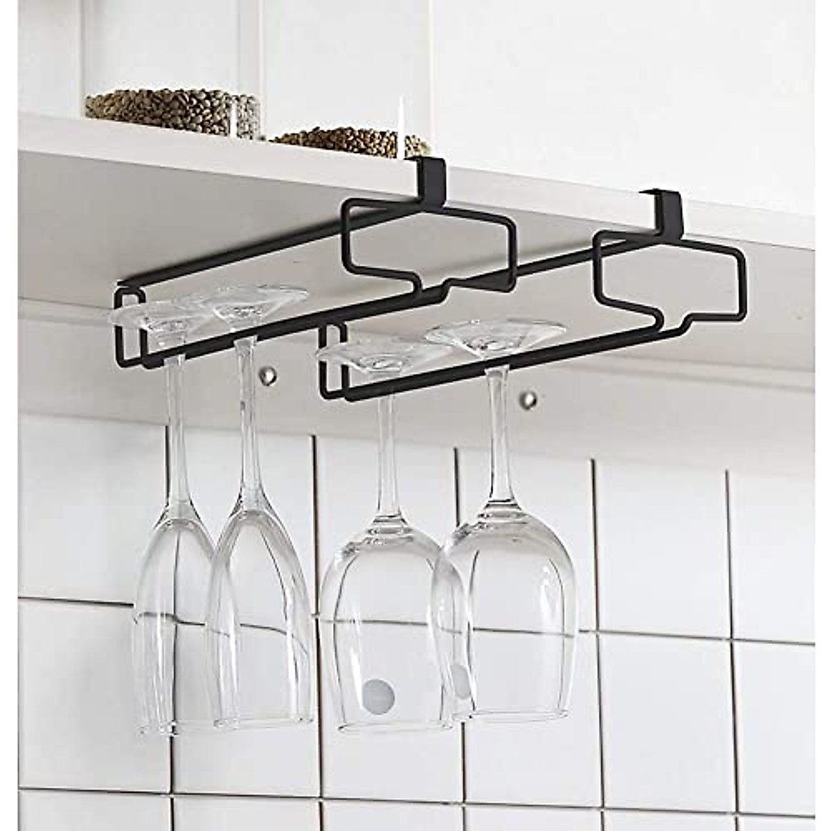 LINFIDITE Wine Glass Holder 2PCS Stemware Rack Hanger Under Cabinet Wine Glass Rack Kitchen Hanging Glass Storage Rack Organizer,Black