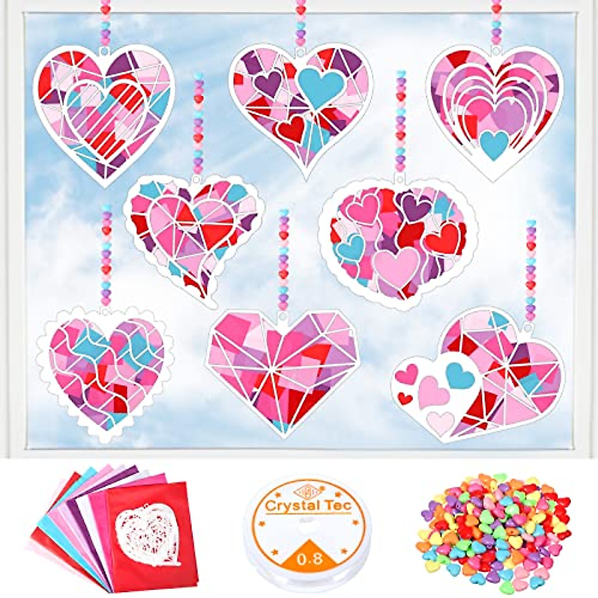 24 Pieces Valentine's Day Suncatcher Craft Kit, Tissue Paper Heart Suncatcher Craft Valentine's Day Window Art Kit with 18 Tissue Paper for Valentine's Day Mother's Day Craft DIY Spring Party Favor