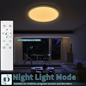 Led Ceiling Light Fixtures Dimmable with Remote Control, 15.4 Inch Ultra Thin Modern Flush Mount, 36 W, 4500 LM, with Night Light, for Bedroom, Kitchen, Dining Room, Living Room