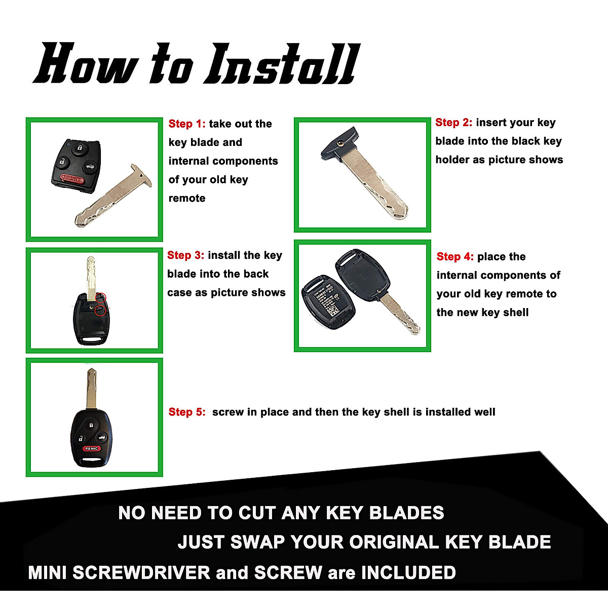 Cutting Not Required - Replacement Key Fob Shell Case Fit for Honda Accord Civic Ex Pilot CR-V 4 Buttons Keyless Entry Remote Car Key Housing with Screwdriver