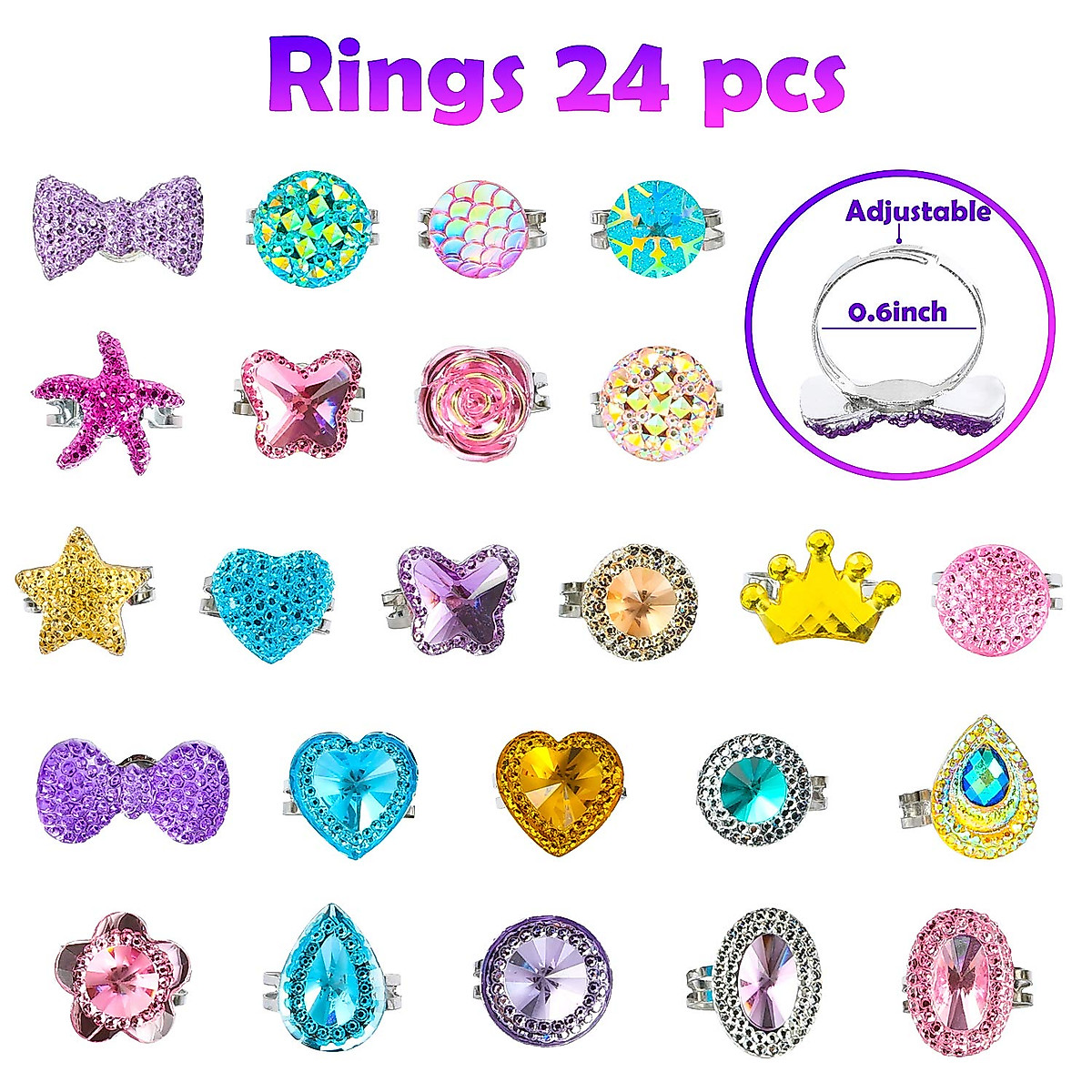WATINC 24Pcs Adjustable Princess Pretend Jewelry Rings, Girl’s Jewelry Dress Up Play Toys, Rhinestone Gift Set in Box for Little Girls, No Duplication Diamond Ring for Children, Party Favors for Kids