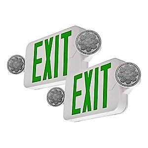 LFI Lights | Combo Green Exit Sign with Emergency Lights | White Housing | All LED | Two Adjustable Round Heads | Hardwired with Battery Backup | UL Listed | (2 Pack) | COMBOJR2-G